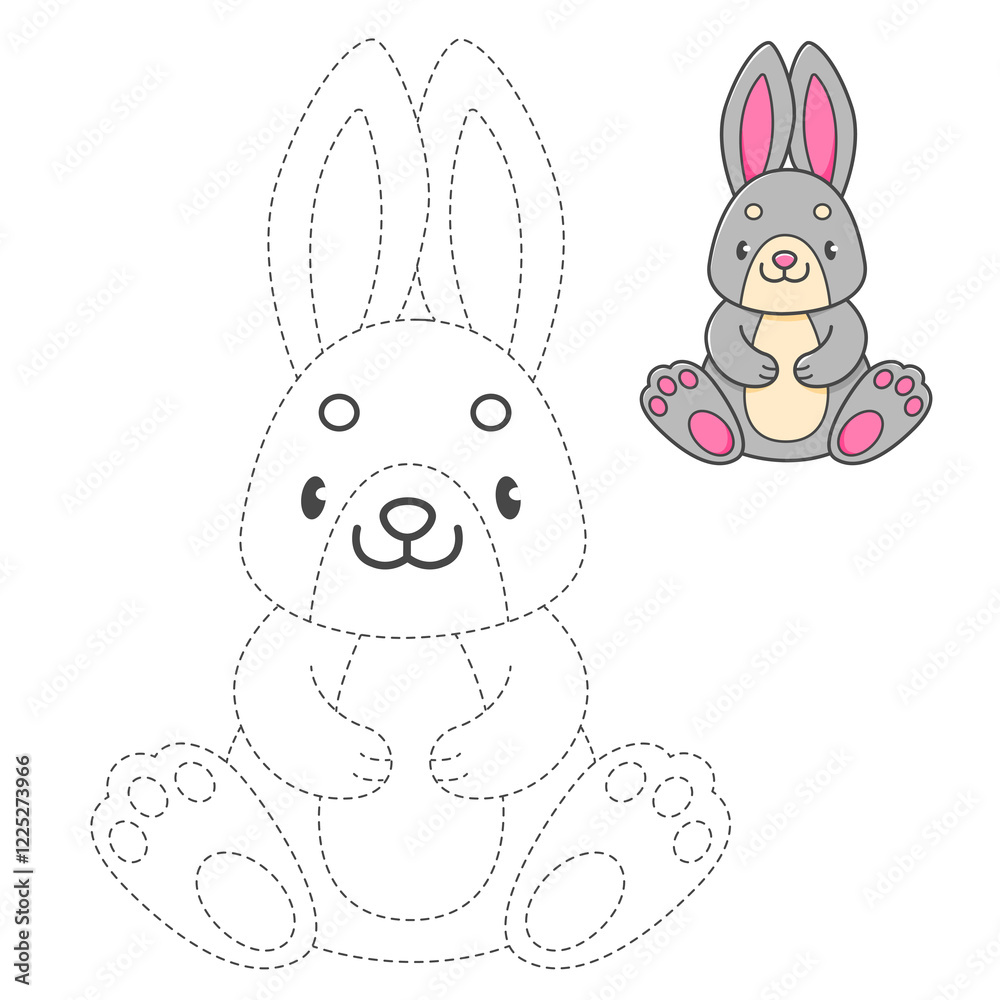 Trace and color coloring book with grey rabbit for kids. Coloring page ...