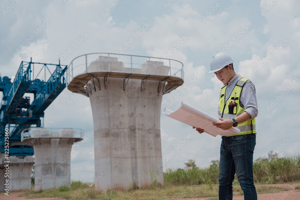Architect engineer wearing safety uniform surveying and working at ...