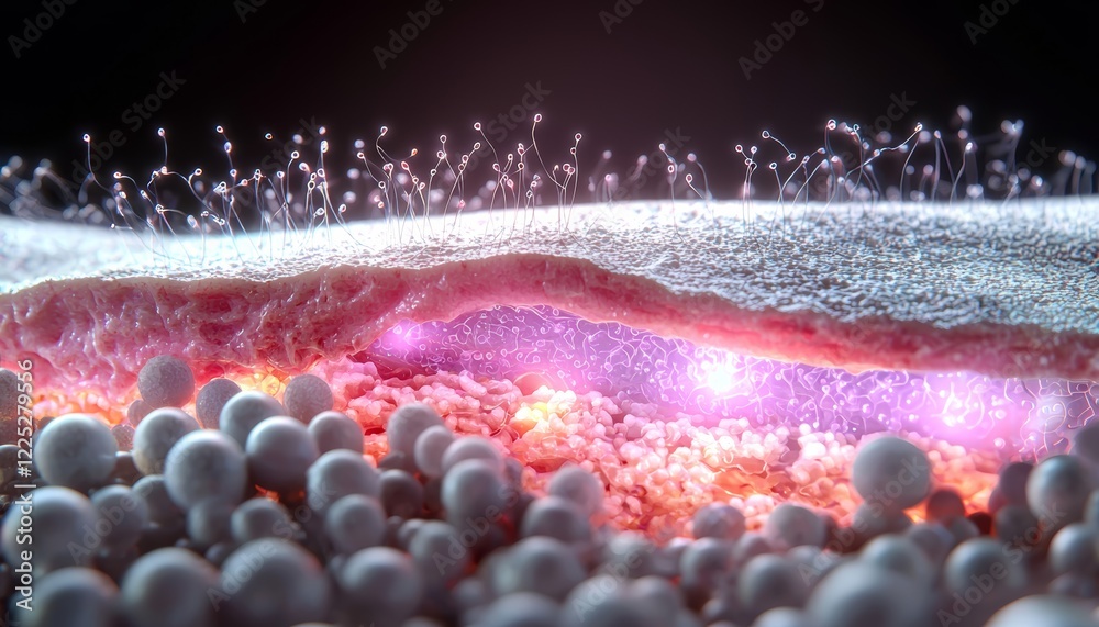 A 3D-rendered diagram of skin anatomy, highlighting the hair follicle ...