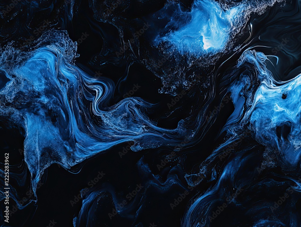 Abstract blue and black ink patterns flowing in a fluid dynamic texture ...