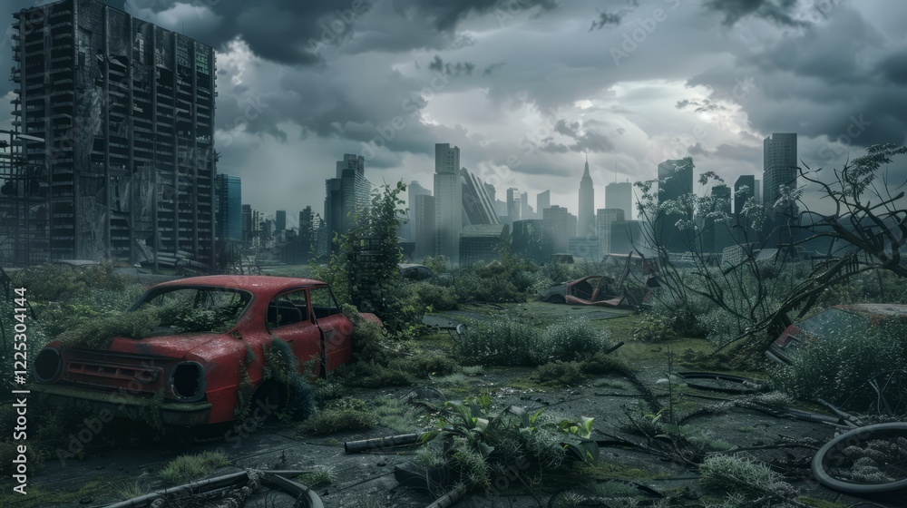 Abandoned city with lush vegetation growing over decaying buildings ...
