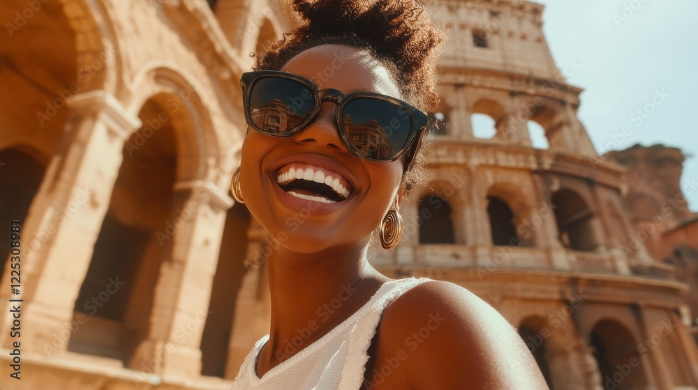 Overjoyed female model laughs happily enjoys spare time takes selfie ...