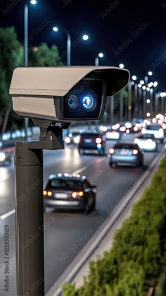 CCTV camera observes a busy urban road at night, showing a traffic jam ...