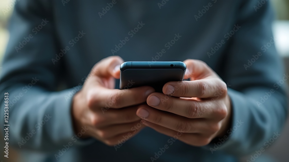 Mockup, man's hands holding mobile phone with finger touching on blank ...