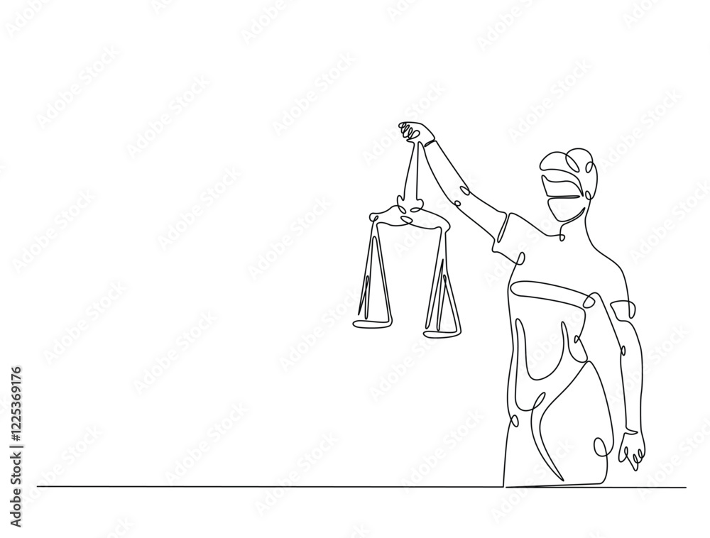 Continuous line art drawing of Themis goddess with scale. Blind lady ...