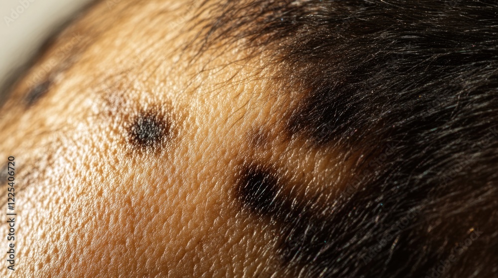 Close-up of melanated skin with beauty marks and angioma details on the ...