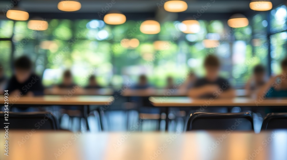 Blurred student cafeteria with bokeh. Students eat lunch. Campus life ...