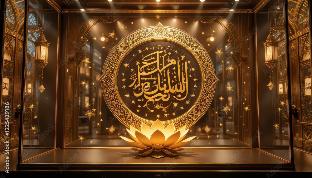 3d Ramadan Kareem with golden moon star and lantern, mosque door ...
