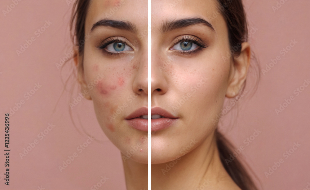 Portrait of a beautiful European woman with acne before and after ...