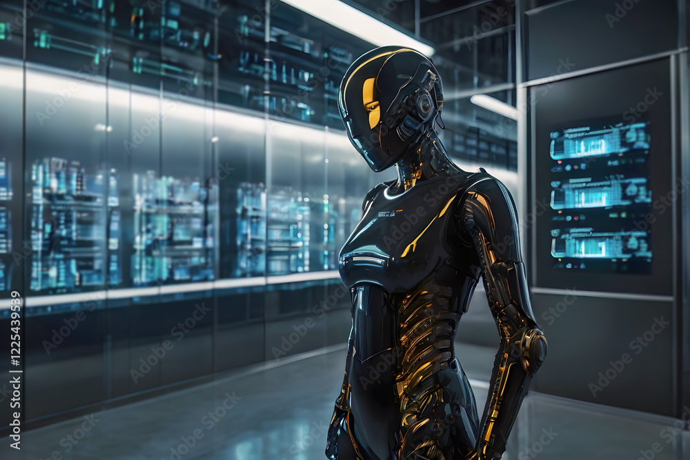 Black AI robot standing in data center server room with computer screen technology modern office ...