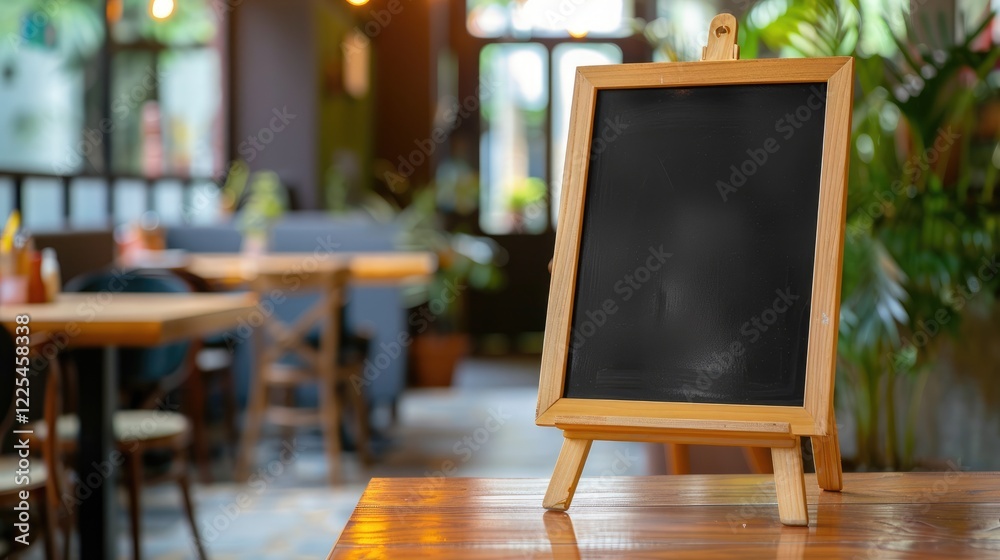 Menu board with easel on table, blurred restaurant backdrop, space for ...