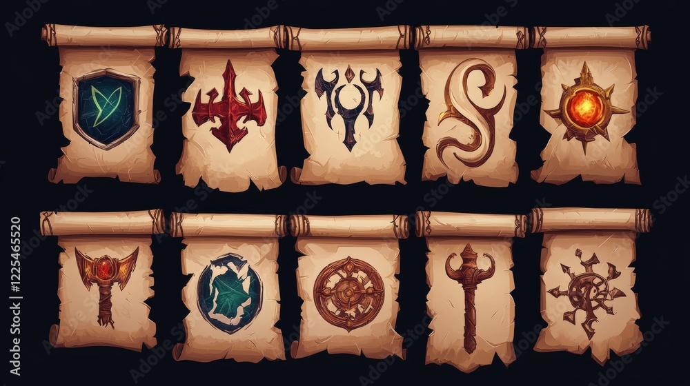 Magic parchment paper and scroll with fantasy glowing ancient wizard ...