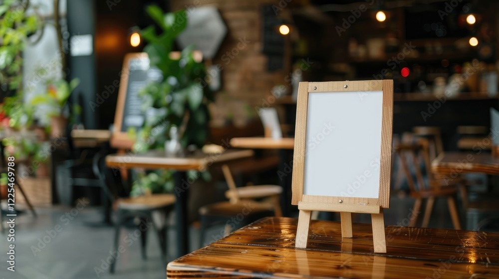 Wooden photo stand with blank paper, mini sign on store table, menu and ...