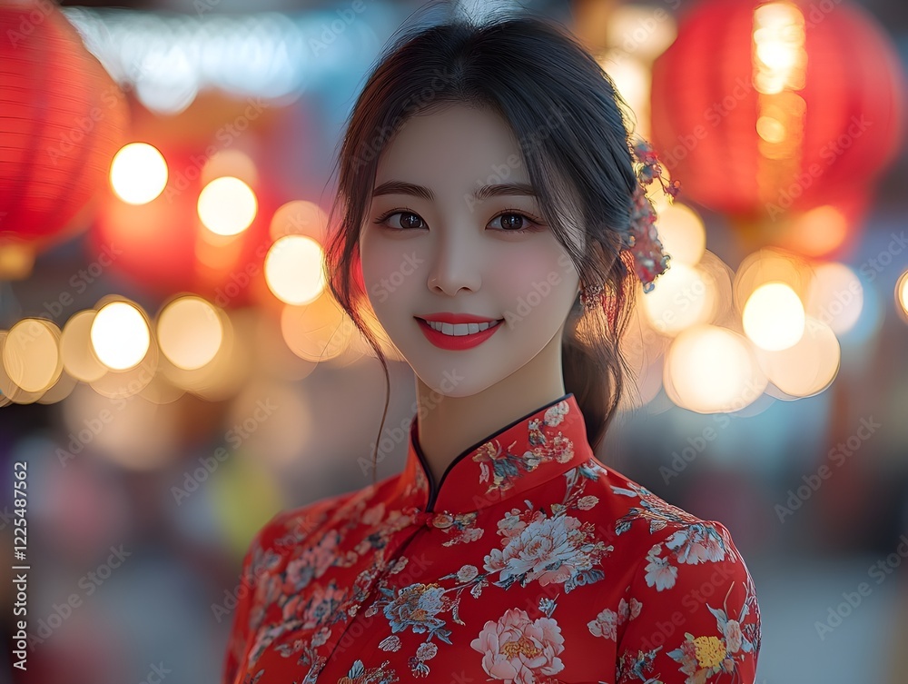 Korean girl smile wearing red cheongsam at lunar chinese new year ...