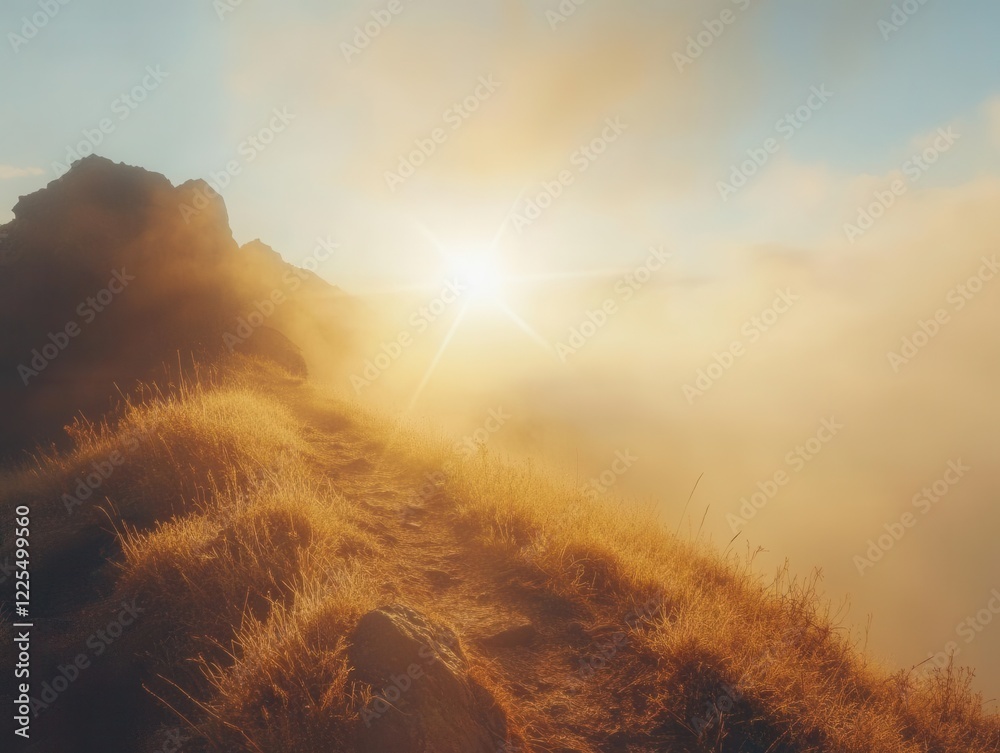 ethereal sunburst piercing through morning fog, creating dramatic lens ...