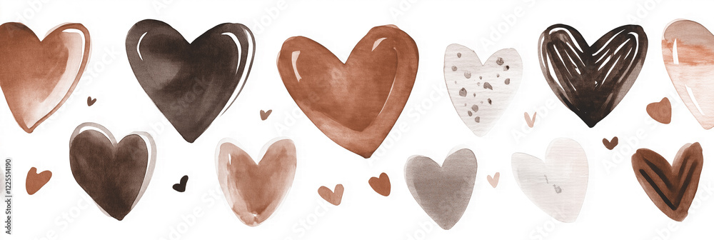 Mocha mousse, brown hand-painted watercolor hearts in earth tones ...
