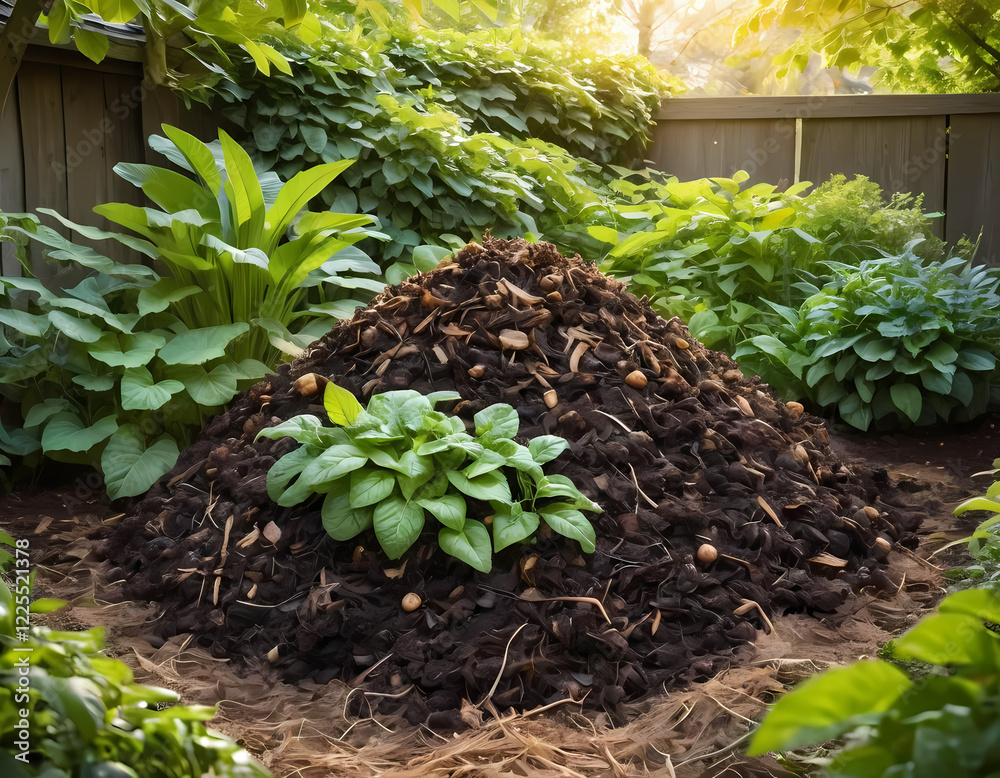 A rich, dark brown compost pile in a garden bed, surrounded by lush ...