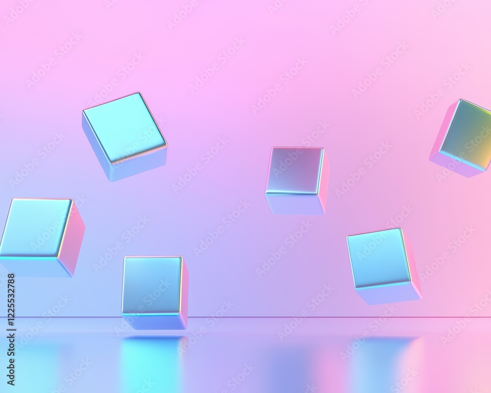 Floating 3D geometric shapes in a colorful gradient environment ...
