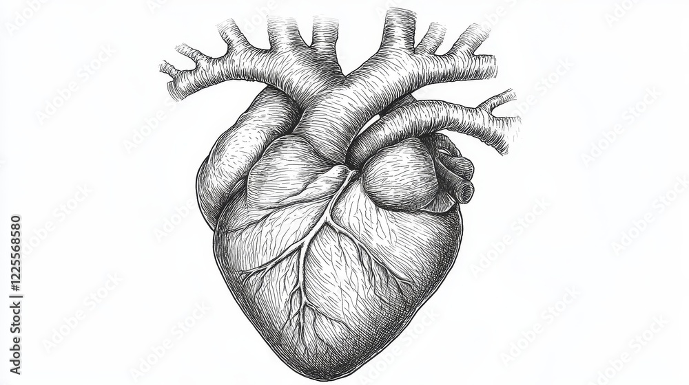 Anatomical Heart Ink Pen and Wash Detailed Drawing, Human Organ Concept ...