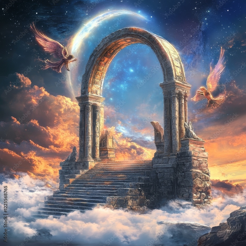 Celestial Archway Fantasy Digital Painting, Stone Staircase, Angelic ...