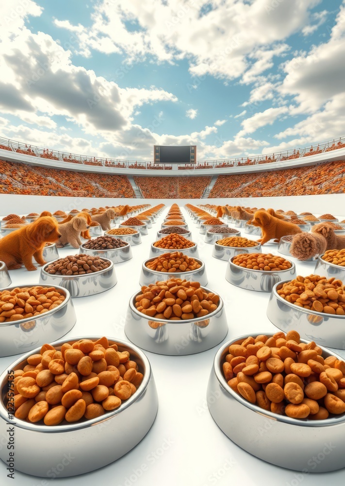 Stadium filled with snacks, endless rows of white bowls, orange cheese ...