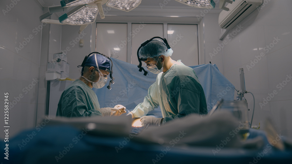Team of two doctors men surgeons processing surgical operation using ...