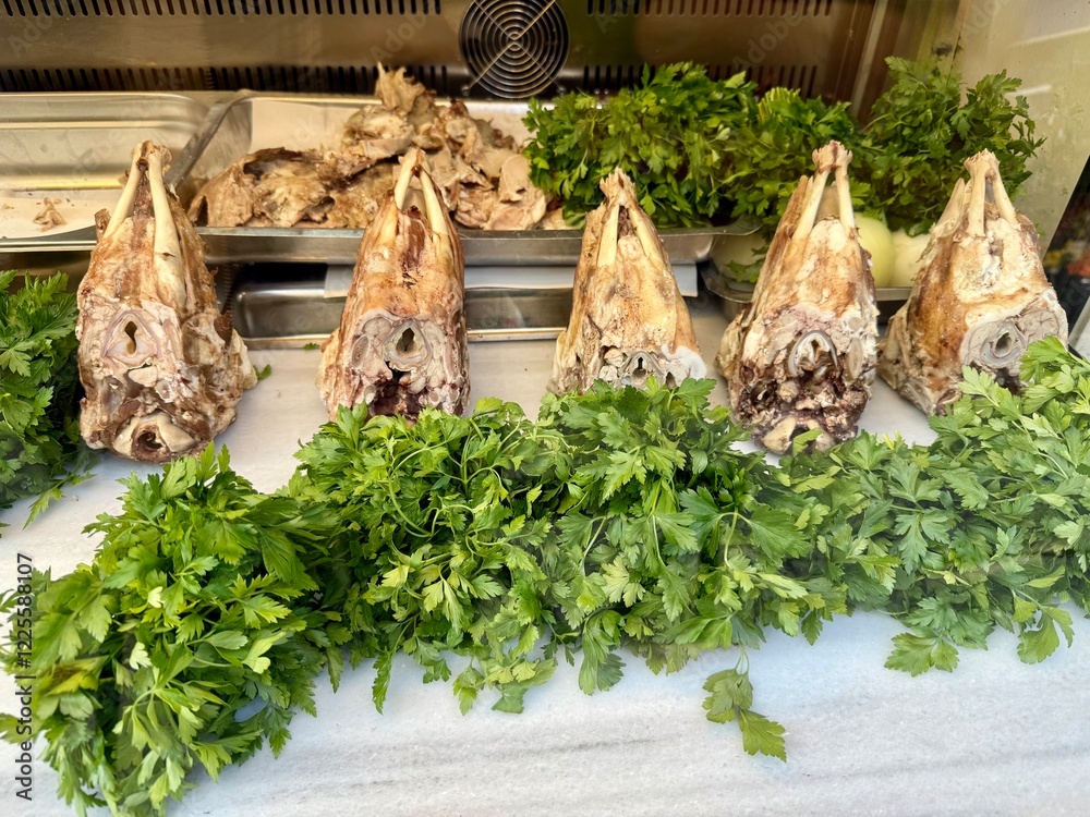 Offal sandwich Traditional Turkish cuisine food kelle sogus. Sogus made ...