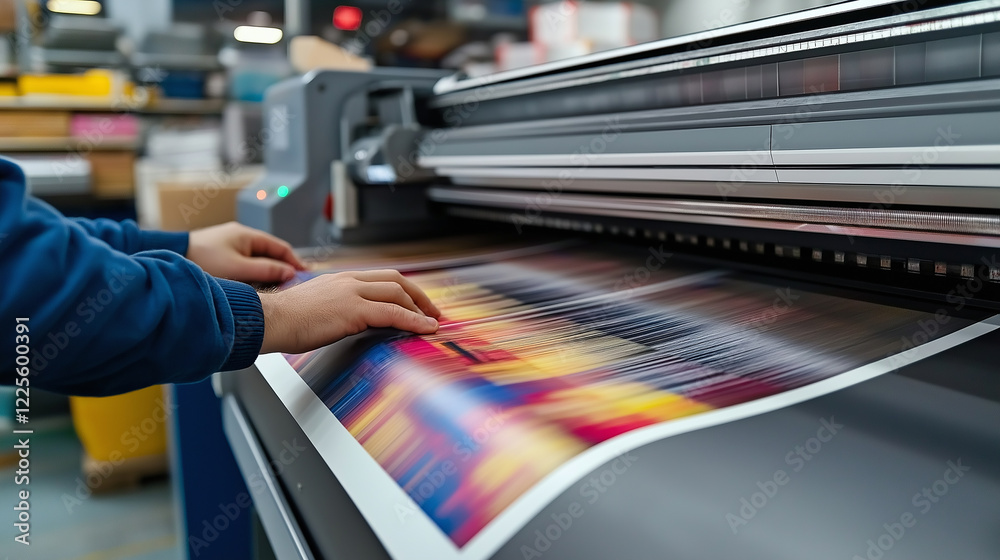 Printing machine operator carefully guides colorful print through a ...