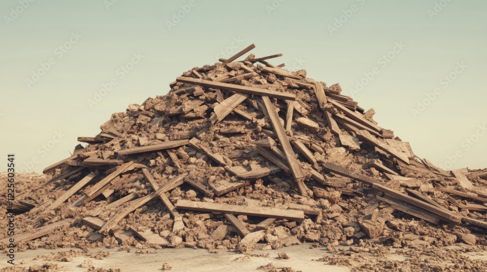 Large pile of rubble and debris from a demolished building, outdoors ...