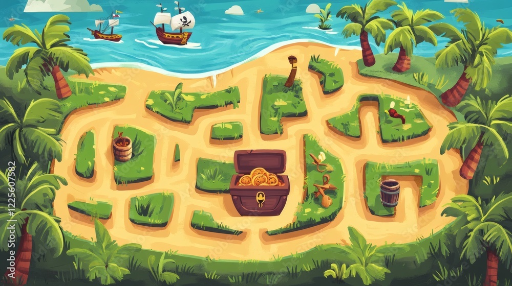 Colorful treasure map depicting a coastal adventure with hidden ...