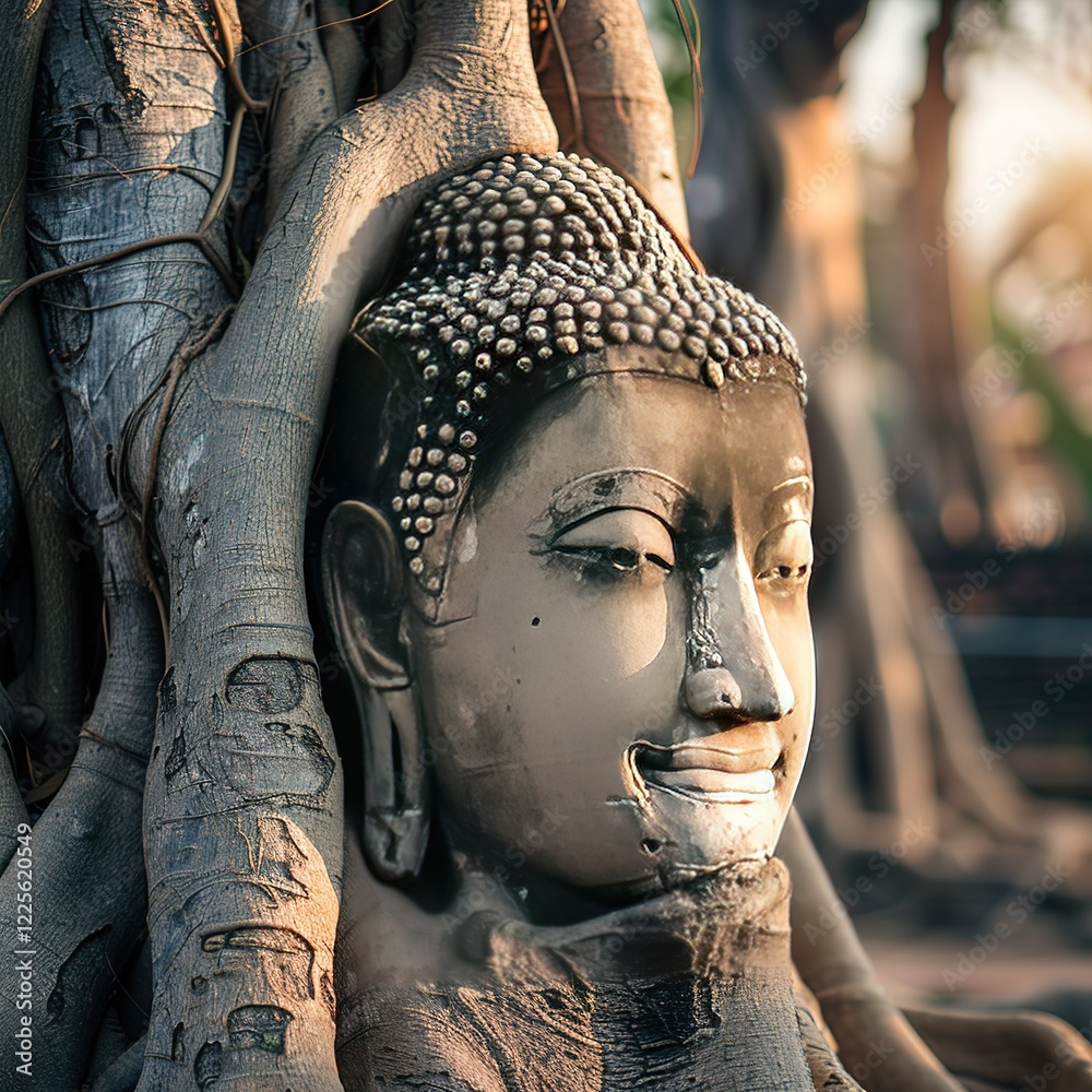 Buddha head in tree ayutthaya Thailand travel concept.Wat Mahathat ...