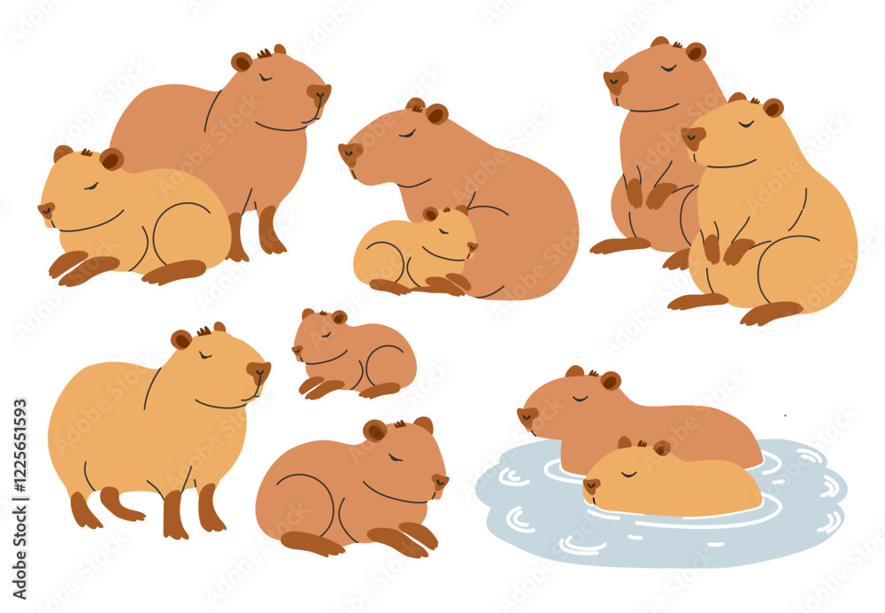 Capybara family clipart. Set of mother, father, baby cute capybara on isolated transparent ...