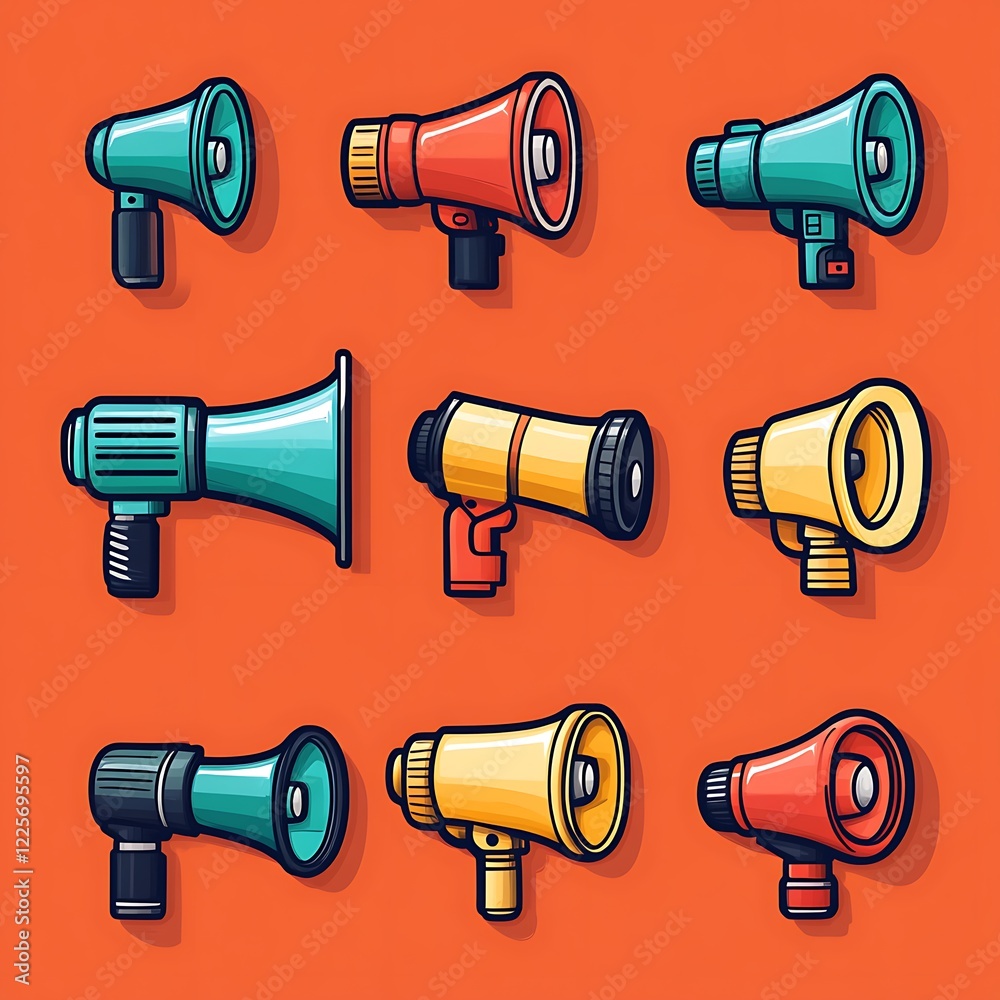 Megaphone Icons Set: Electric Megaphone Symbol with Stylized Sound ...