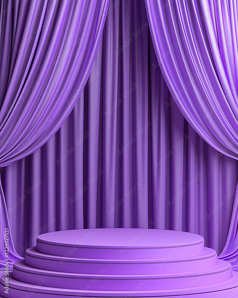 Purple stage with luxury curtains and round pedestal, elegant ...