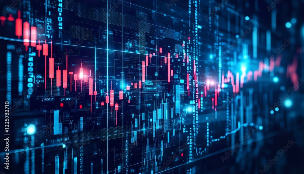 Financial market data visualization with glowing red and blue ...
