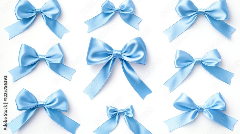Light blue satin ribbon bow color scroll set isolated on white background for holiday and ...