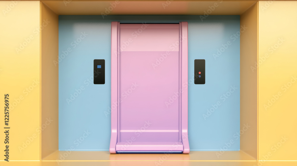 Pastel pink elevator door in a minimalist setting with light blue and ...