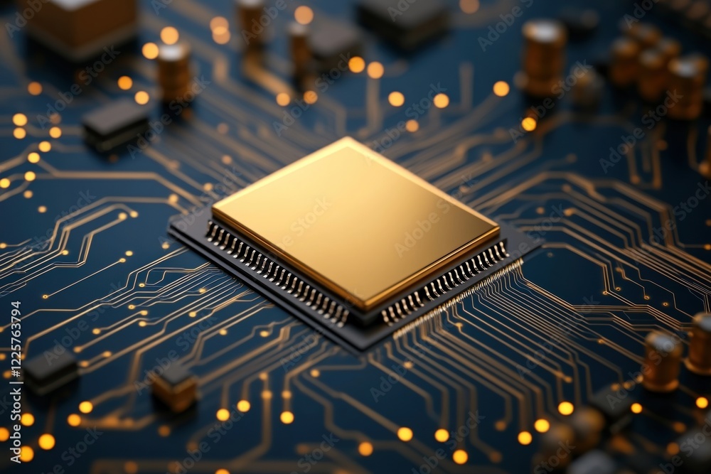 Intricate gold processor highlighted on a blue circuit board ...
