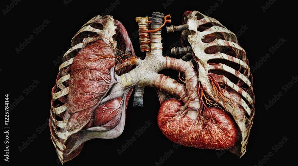 Human heart cross-section with vessels, lungs, bronchial tree and cut ...