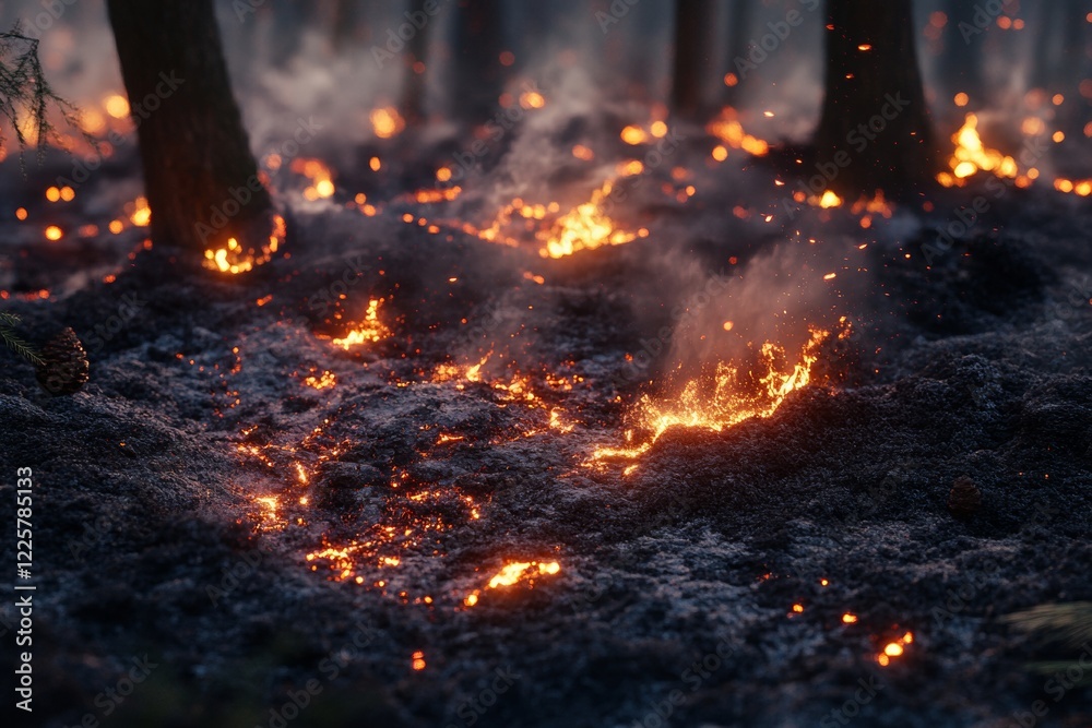 Remnants of a devastating forest fire reveal glowing embers and ash ...