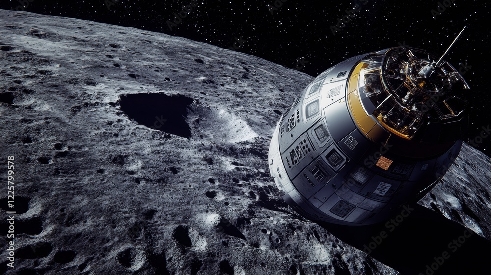 A starship deploying a terraforming module to transform a barren moon ...