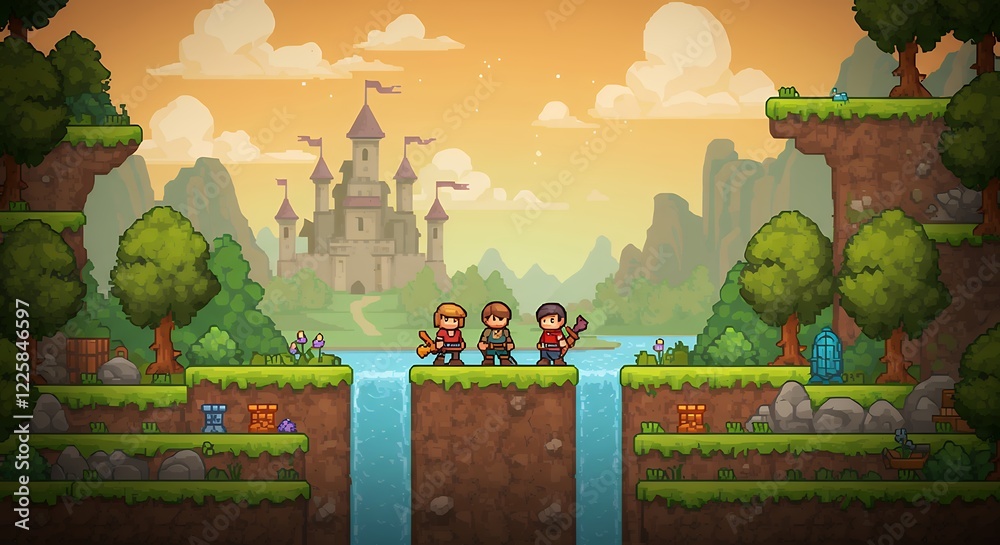 Medieval Pixel Art Game Background with Castle and Characters Stock ...