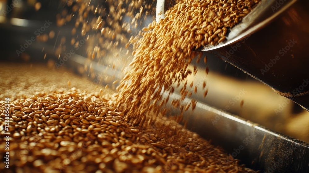 Industrial funnel pouring golden wheat grains into a container ...