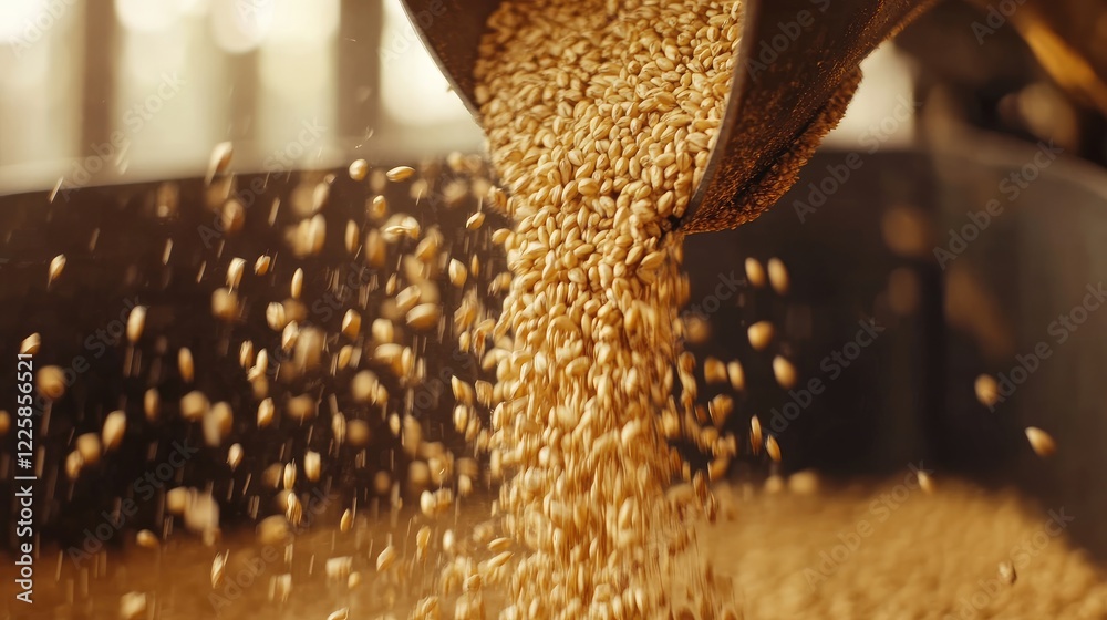 Industrial funnel pouring golden wheat grains into a container ...