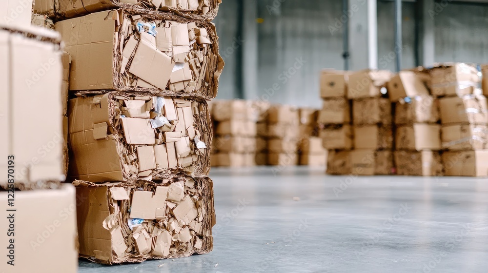 Cardboard Recycling Warehouse; Compressed bales and stacks of flattened ...