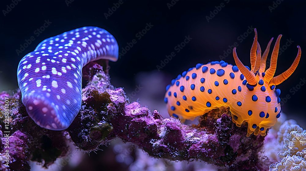 Colorful sea slugs on coral reef, underwater habitat, vibrant marine ...