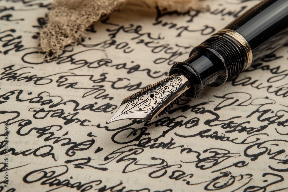 Vintage fountain pen on a historical handwritten letter in cursive ...
