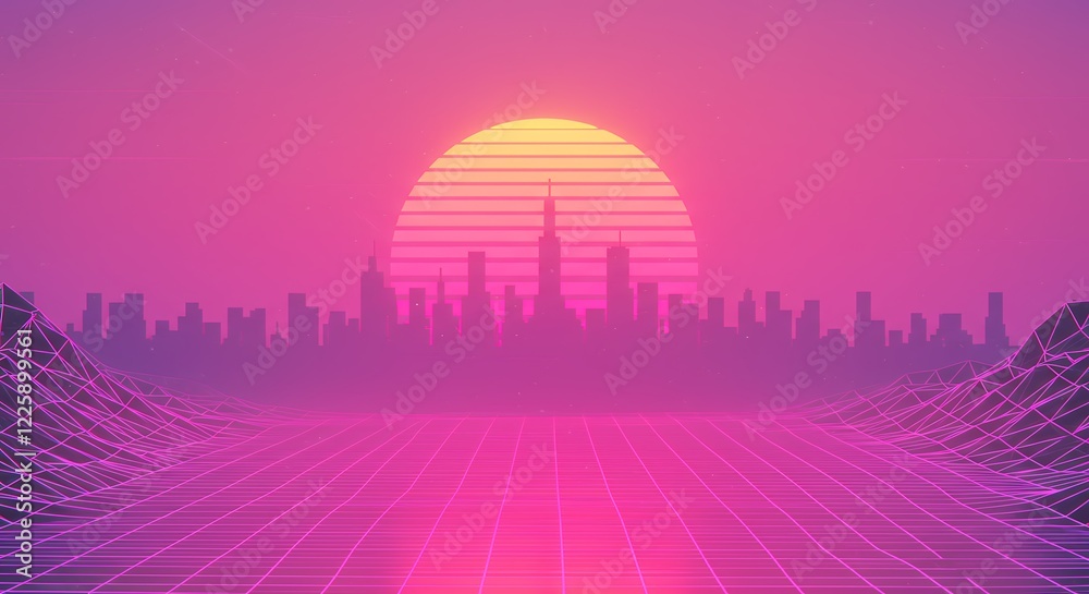 Retro Cityscape Sunset 80s Synthwave Background Art Stock Illustration ...
