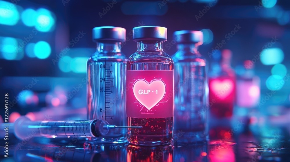 Vials labeled glp-1 with syringes, heart icon, and growth chart ...