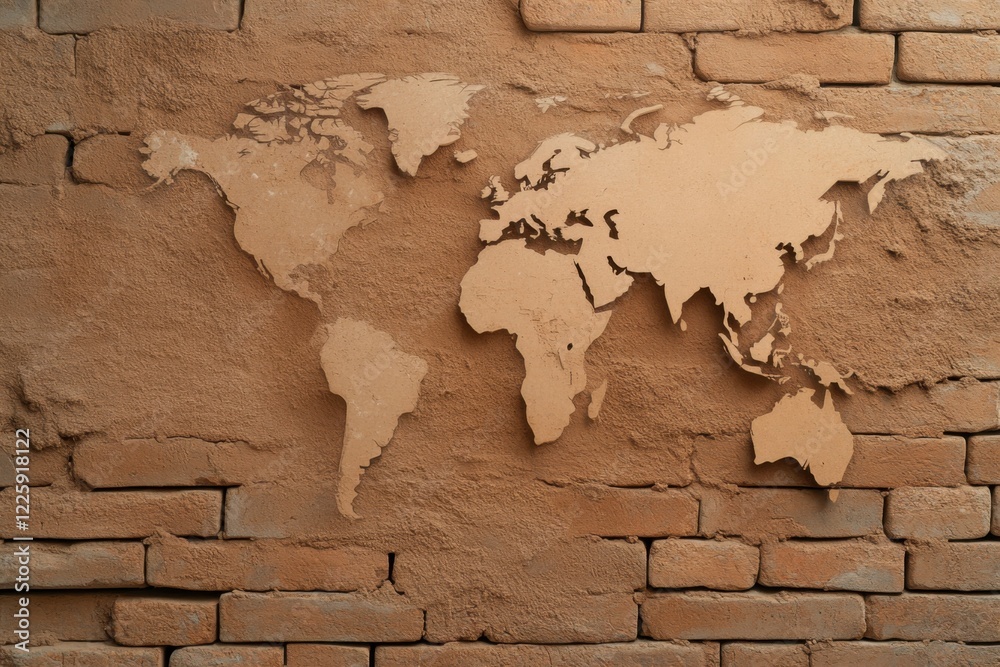 world map is drawn on a brick wall. A large map for exploring countries ...